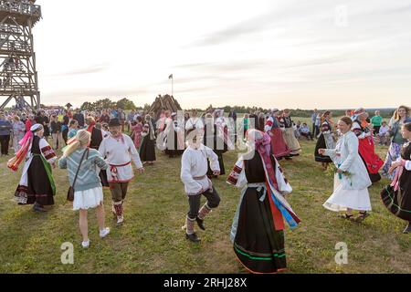 Estonians in traditional seto estonian costumes dancing, celebrating ...