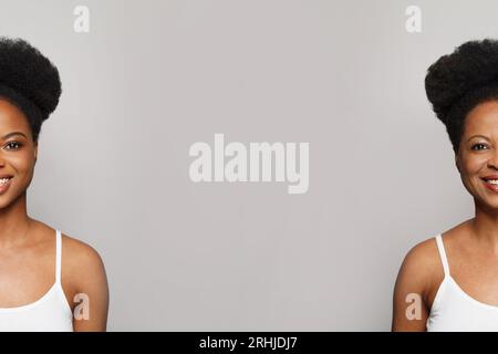 Comparison of young and elderly. African woman on white background ...