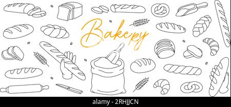 Bakery horizontal outline banner. Breads and pastry menu illustration ...