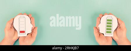 Mind with an empty and a full battery, exhausted by stress, healthy ...