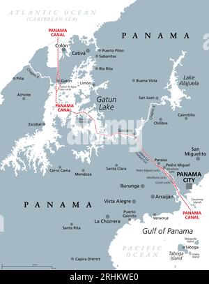 Panama Canal, political map. Artificial waterway in Panama, connecting ...