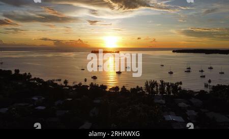 Aerial sunset views of the stunning Bora Bora Atoll; French Polynesia ...