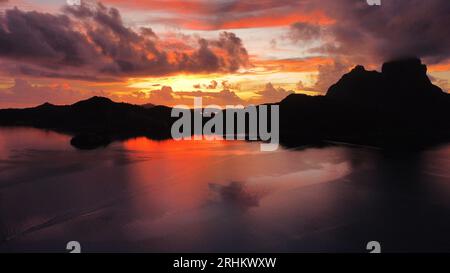 Aerial sunset views of the stunning Bora Bora Atoll; French Polynesia ...