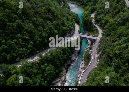 Aerial view of Napoleon Bridge near Kobarid over Soca river in Soca ...