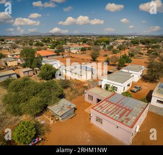 aerial view of typical modern african village in botswana, with dusty ...