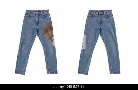 Collage with dirty and clean jeans isolated on white. Before and after ...