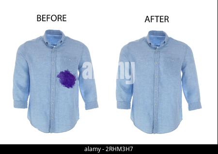 Collage with dirty and clean t-shirt isolated on white. Before and ...