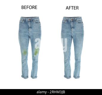 Collage with dirty and clean pants isolated on white. Before and after ...