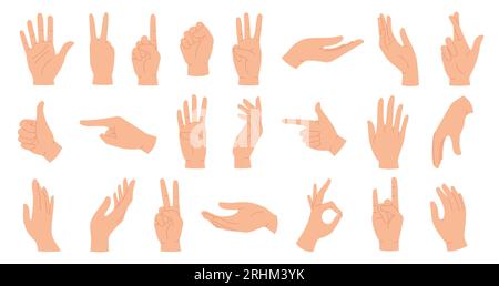 Hands poses. Female hand holding and pointing gestures, fingers crossed, fist, peace and thumb ...