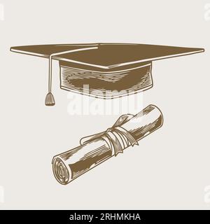 Graduation cap and rolled diploma vintage drawing, education engraving ...