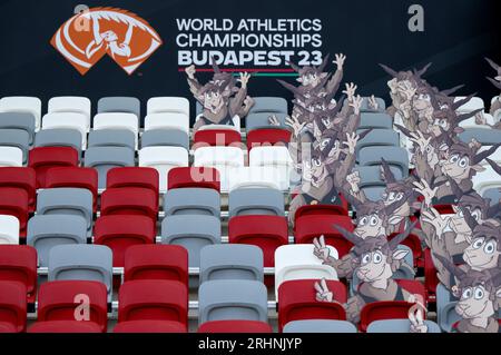 Cardboard cutouts of Budapest 2023 mascot Youhuu sit in seats of the ...
