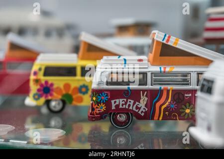 Toy or model Volkswagen vans with pop-up tops for camping on display ...