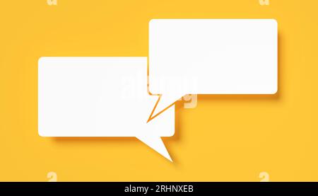 Two square overlapping and cut white empty speech bubble or balloons standing over grey ...