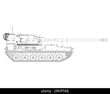 Self-propelled howitzer in line art. German 155 mm Panzerhaubitze 2000 ...