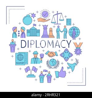 Diplomacy round poster in line style. International relations and ...
