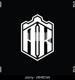 AK Letter Logo monogram hexagon shield shape crown castle geometric with outline style design ...