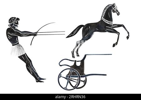 Ancient Greek chariot rider with a horse. Greek painting. Hand drawn ...