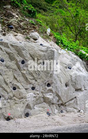 Road construstion works, dynamite hols for blasting of rock in ...
