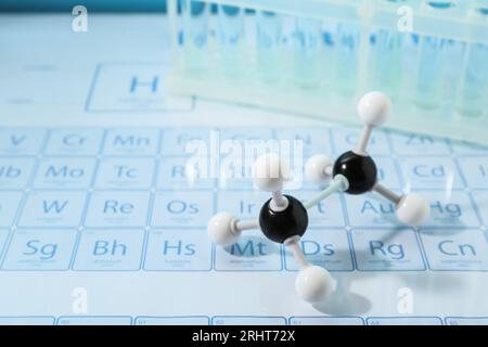 Molecular model and test tubes on periodic table Stock Photo - Alamy