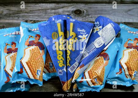 Cairo, Egypt, August 8 2023: Kimo Kono Nestle vanilla ice cream cone ...