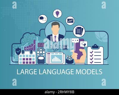 LLM Large Language Model vector illustration on dar, blue background with hexagonal shapes and ...
