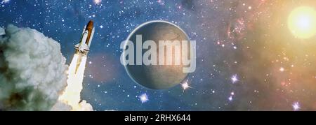 Shuttle launch in the clouds to outer space. Dark space with stars on ...