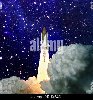 New Ship Flies To Another Planet. Spaceship Takes Off Into The Starry ...