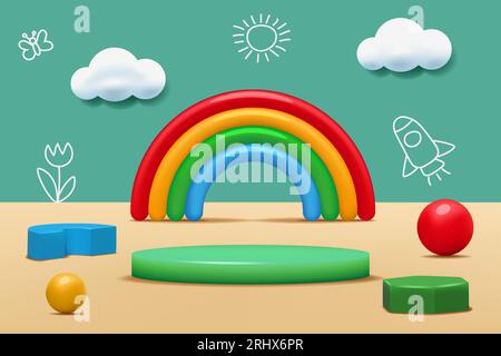 3D kid podium stage with space rocket, galaxy planets and stars, vector ...