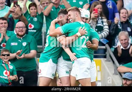 Ireland's Mack Hansen celebrates scoring their sides first try of the ...