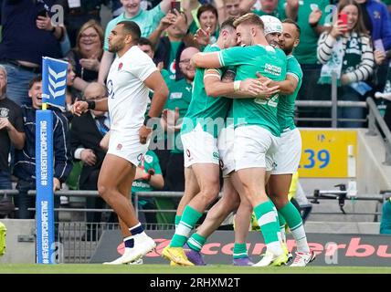 Ireland's Mack Hansen celebrates scoring their sides second try of the ...