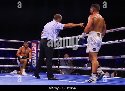 Conah Walker after knocking down Cyrus Pattinson in a welterweight bout ...