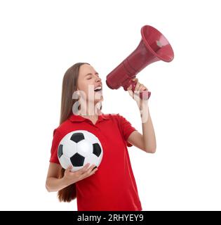 Emotional sports fan with ball and megaphone celebrating on white ...