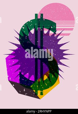 Dollar Sign with Colorful geometric shapes. Business in trendy riso ...
