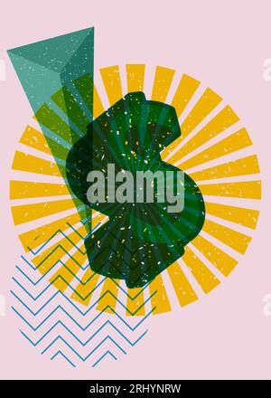 Dollar Sign with Colorful geometric shapes. Business in trendy riso ...