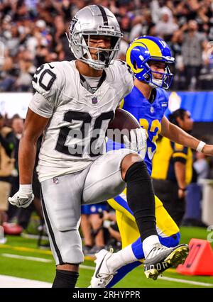Las Vegas Raiders safety Isaiah Pola-Mao (20) defends as Washington Commanders running back ...