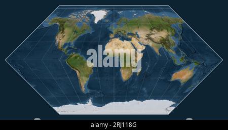 Satellite map of the world in the Eckert I projection centered on the ...