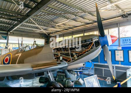 RAF Spitfire XVI on display inside the Spitfire and Hurricane memorial museum at the ex-RAF ...