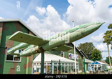V-1 (vengeance weapon), flying bomb mounted on a stand, on display ...