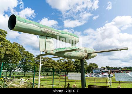 V-1 (vengeance weapon), flying bomb mounted on a stand, on display ...