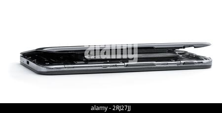 Smartphone destroyed by exploded lithium battery isolated on white ...