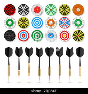 Paper targets with dart arrows. Shooting range round target, divisions ...