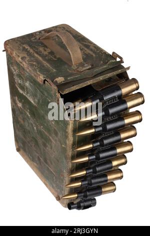 Ammo box with ammunition belt and 14.5mm cartridges for a 14.5mm KPVT ...