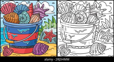 Summer Bucket of Sea Shells Coloring Page for Kids Stock Vector Image ...