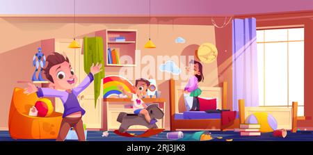 Naughty children playing in messy room. Vector cartoon illustration of ...