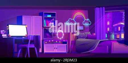 Night teen bedroom with neon light vector cartoon illustration. Girl ...