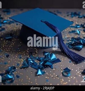 A blue graduation cap with confetti. Graduation, academic achievement ...