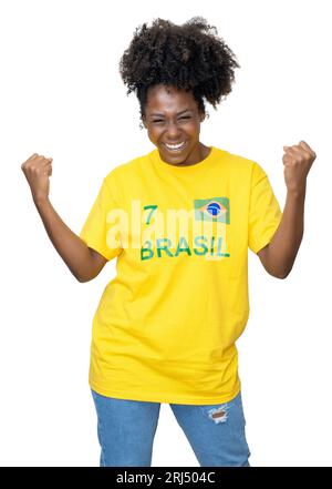Soccer Brazilian Fan Celebrating Isolated on Orange Background. Excited ...