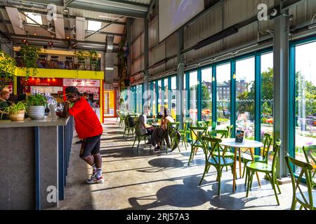 Interior of Hackney Bridge Kitchens food hall, Hackney, London, UK ...