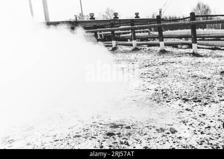 Pipe rack with pipes in superheated high-pressure steam at an oil ...