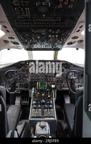 A closeup of the cockpit and of a commercial aircraft Douglas DC-9 ...